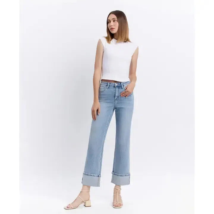 High Rise Cuffed Slim Wide Jeans